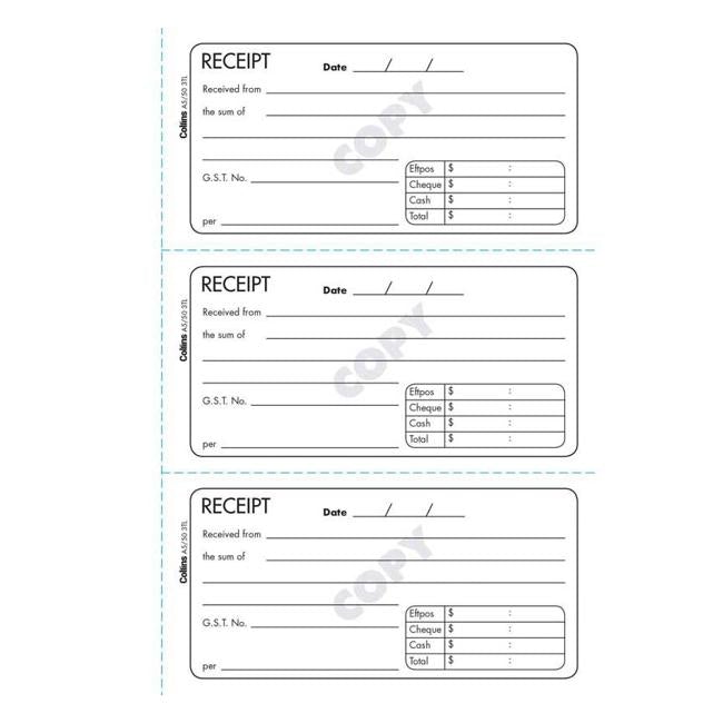 Collins Cash Receipt A5/50 3tl Triplicate No Carbon Required — Officecentre